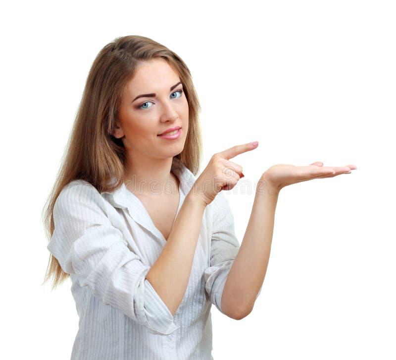 Woman Showing Something with Open Hand Palm Stock Photo - Image of ...