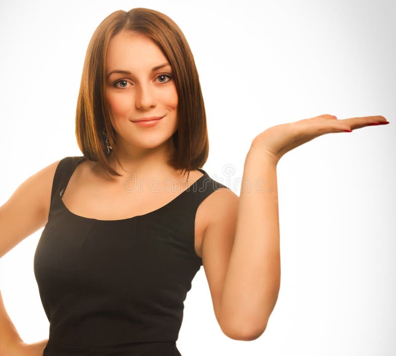 Portrait Happy Young Blond Woman Showing Open Hand Stock Photo - Image ...