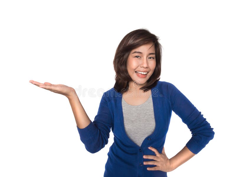 Woman Showing Open Hand Palm with Copy Space for Product or Text Stock ...