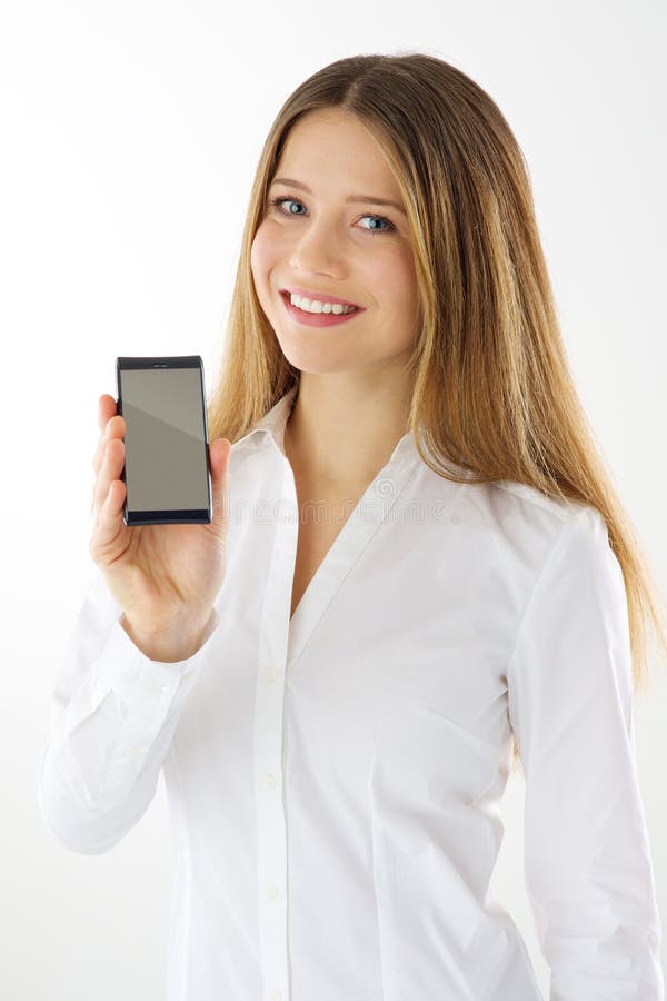 Happy Woman Smiling Showing Smartphone Screen Stock Photo - Image of ...