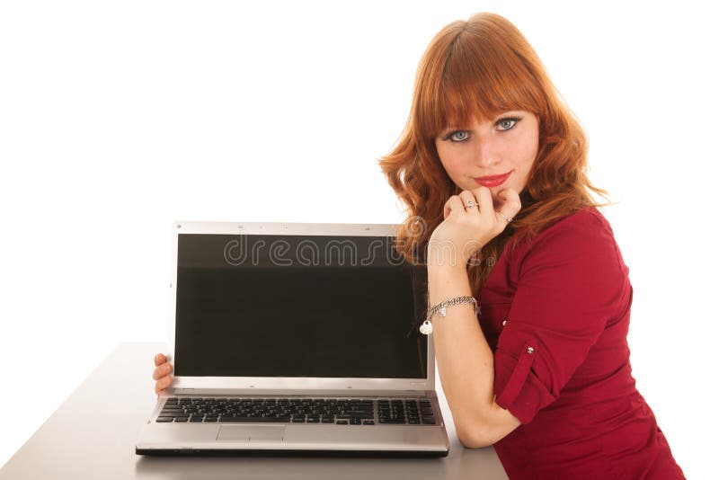 Woman Showing Screen Laptop Stock Photo - Image of computer, chair ...