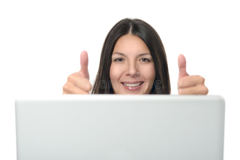Woman Showing Thumbs Up in Front of Computer Stock Photo - Image of ...