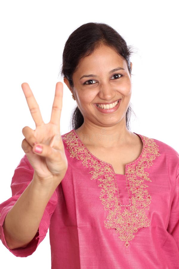 Woman Showing Victory Sign Stock Image Image Of Modern 21862957