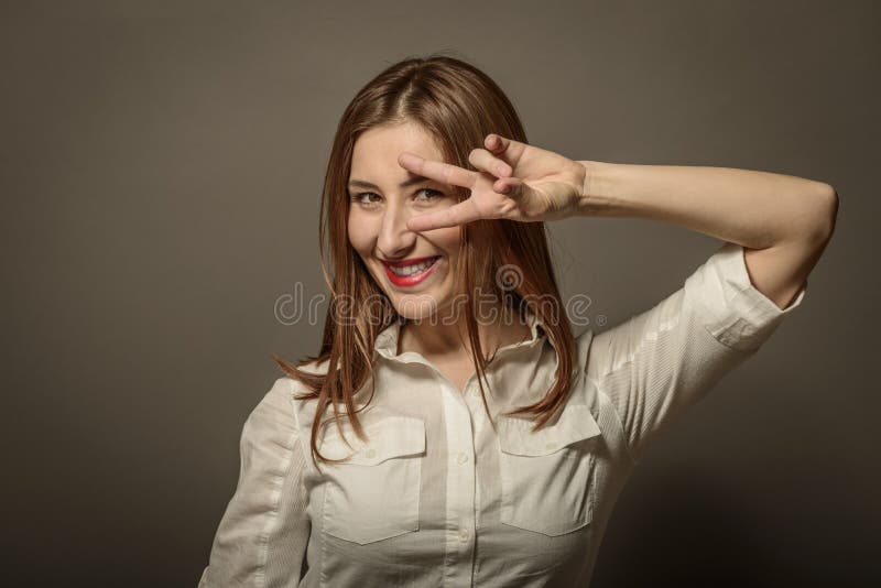 Woman Showing Victory Sign Stock Image Image Of Happy 60921937