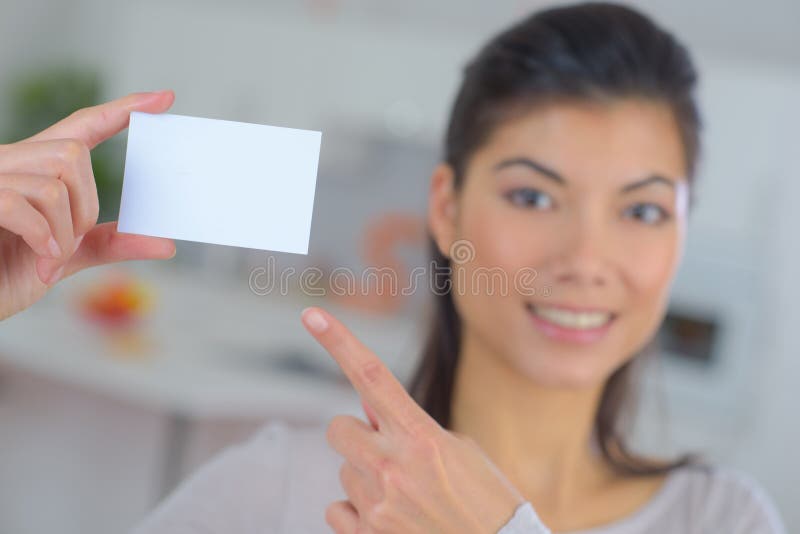 Woman showing white card stock photo. Image of space - 123021906