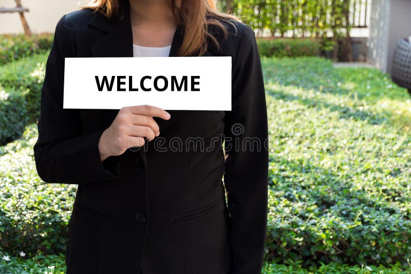 Woman Showing White Sign with Welcome Word Stock Image - Image of woman ...