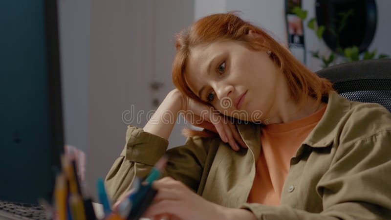 Woman Shows Boredom while Working in Home Office Setting Stock Footage ...