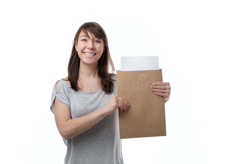 Woman shows the envelope stock photo. Image of correspondence - 50899664