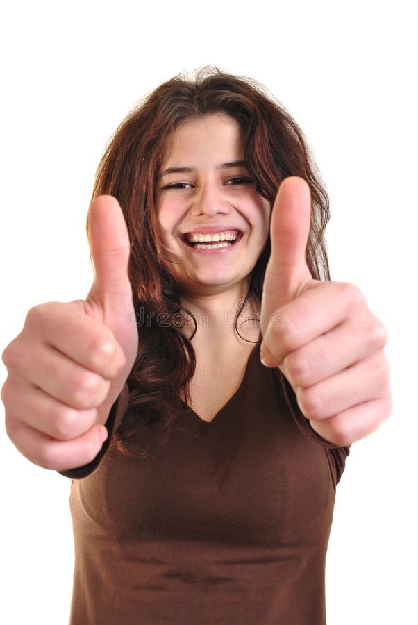 Woman Shows Her Thumbs, Focus Face Stock Image - Image of hair, face ...