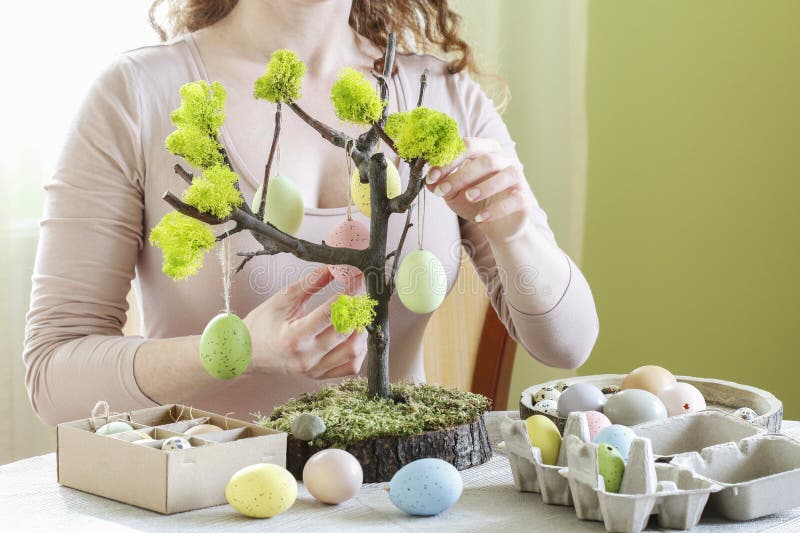 Woman Shows How To Make Easter Decoration in Tree Shape with Hanging ...