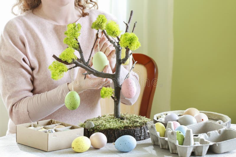 Woman Shows How To Make Easter Decoration in Tree Shape with Hanging ...