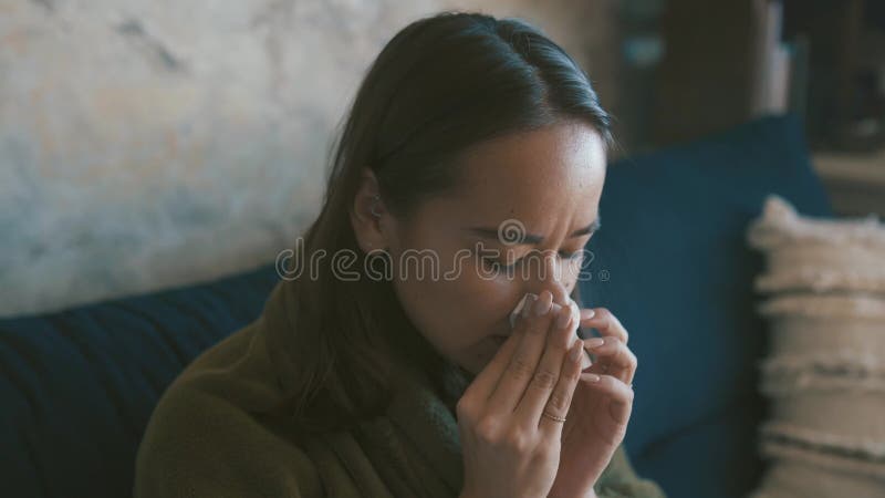 Woman Sick And Blowing Nose In Couch Tissue And Virus For Infection