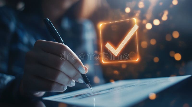 Woman Completes Document with Checkmark Verification Showing Approval ...