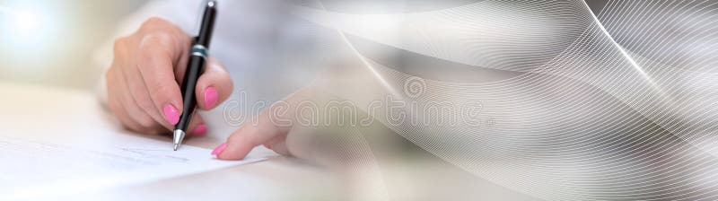 Woman Signing a Contract, Light Effect. Panoramic Banner Stock Image ...