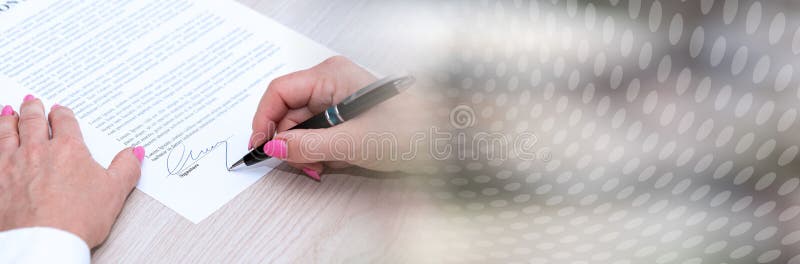 Woman Signing a Contract; Panoramic Banner Stock Photo - Image of ...