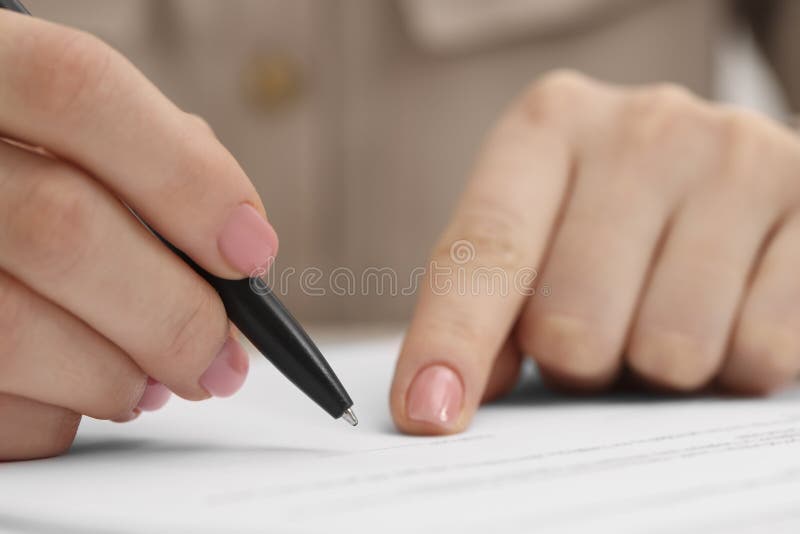 Woman Signing Document with Pen, Closeup View Stock Image - Image of ...