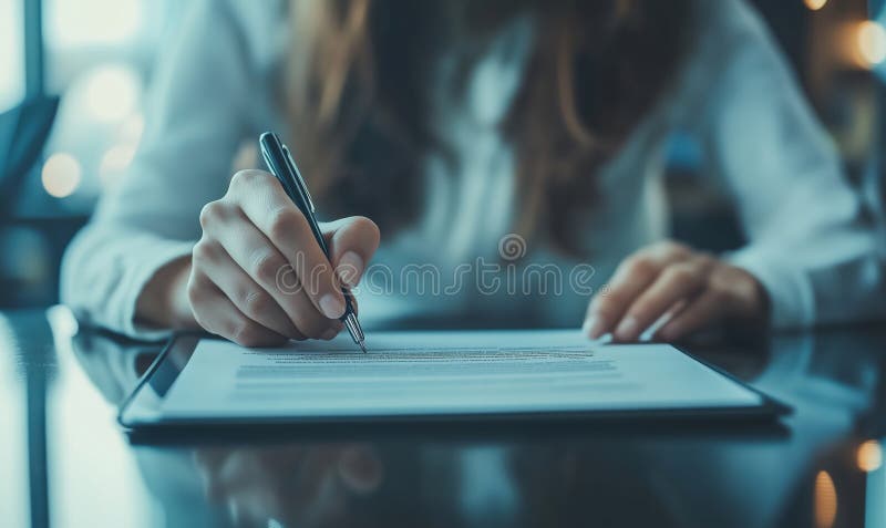 Woman Signing Document Pen Table Modern Office Environment Stock Photos ...