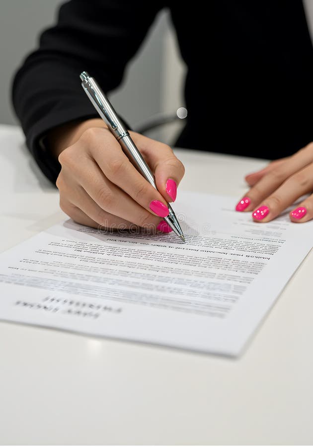 Woman Signing a Document with a Silver Pen on a White Surface Table ...