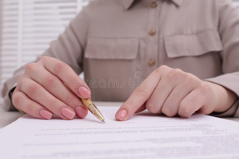 Woman Signing Document at Table, Closeup View Stock Image - Image of ...