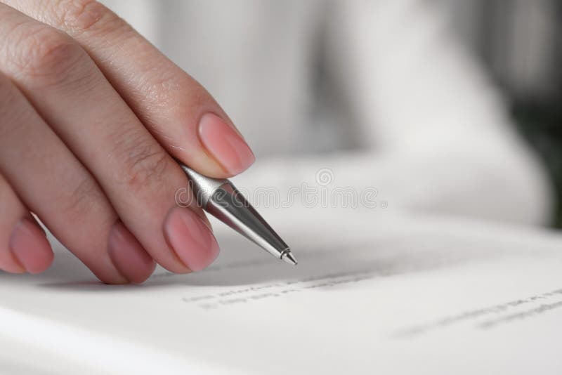 Woman Signing Document at Table in Office, Closeup Stock Image - Image ...
