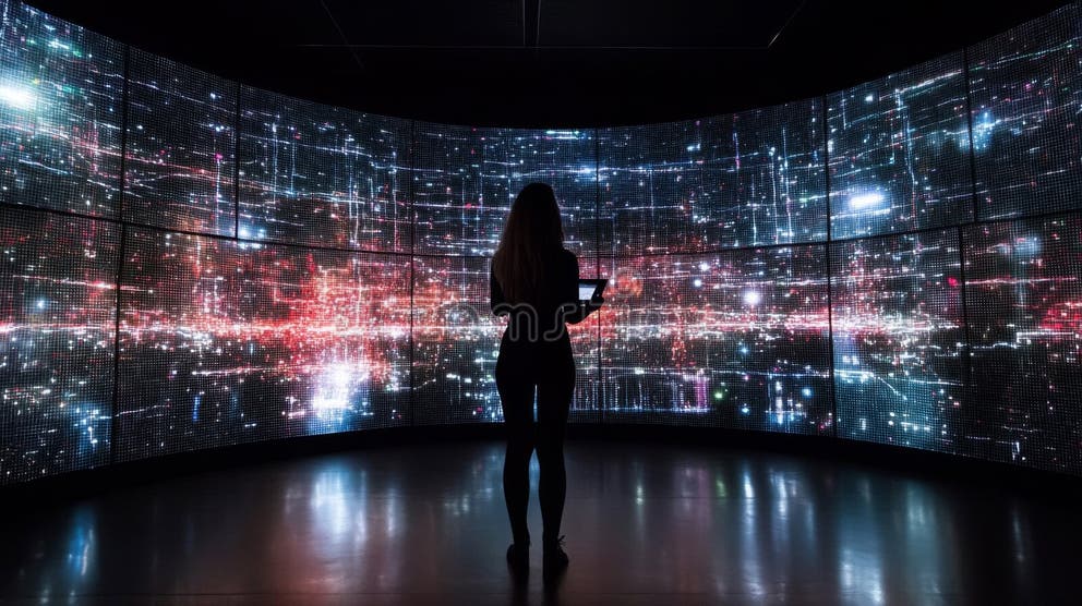 Woman Silhouette Studying Vibrant Data Visualization on a Large ...