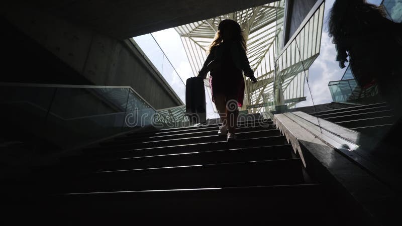 Silhouette Girl With Suitcase Walking Downstairs Stock Footage Video