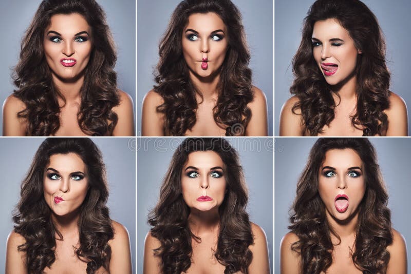 Woman with Silly Faces. Set of Different Facial Expressions. Stock ...