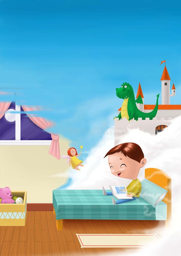 Child Reading a Fantasy Book Stock Illustration - Illustration of ...