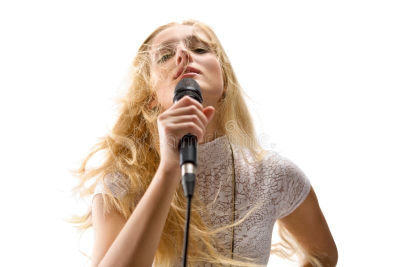 Woman Singing into a Microphone Stock Image - Image of musician, open ...
