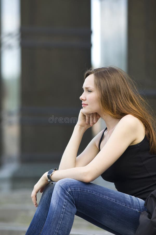 Woman Sit on Stair Look Forward Stock Image - Image of attractive ...