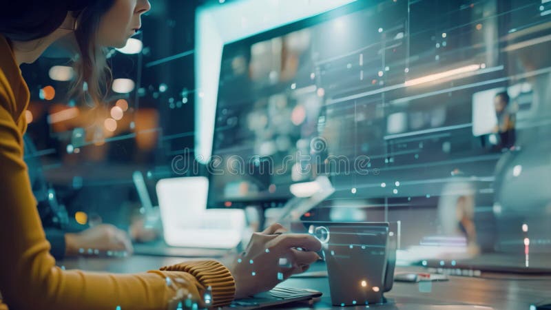 A Woman Sits at a Desk, Focused on Her Computer Screen, Connected with ...