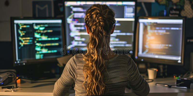 A Woman Sits in Front of Three Computer Monitors, Coding. AIG51A Stock ...