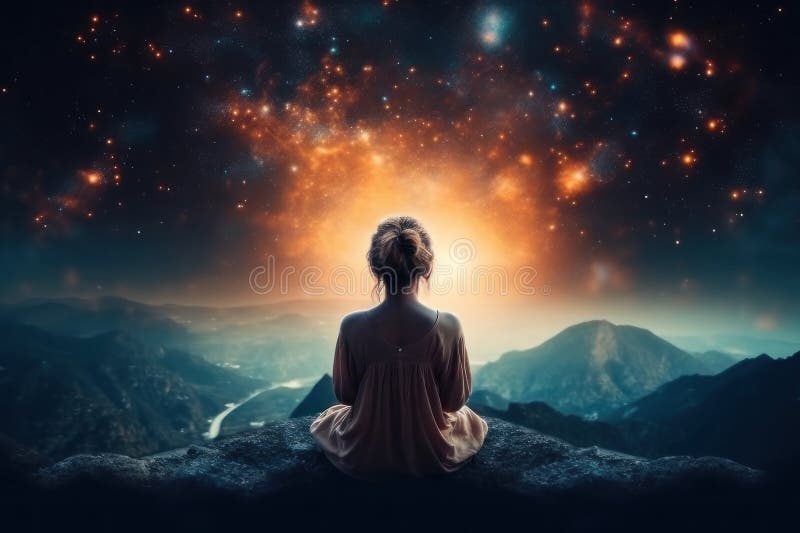 A Woman Sits with Her Back in a Pose of Meditation Against the Backdrop ...