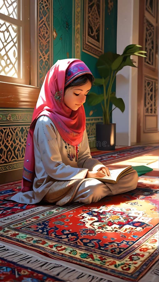 A Woman Sits on a Rug Reading a Book Stock Illustration - Illustration ...