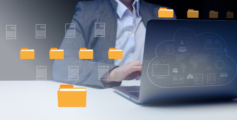 Woman Sits at a Table and Works with a Laptop. Document Management ...