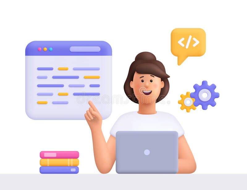 Woman Sits At A Table And Writing Code Create Software Using Laptop