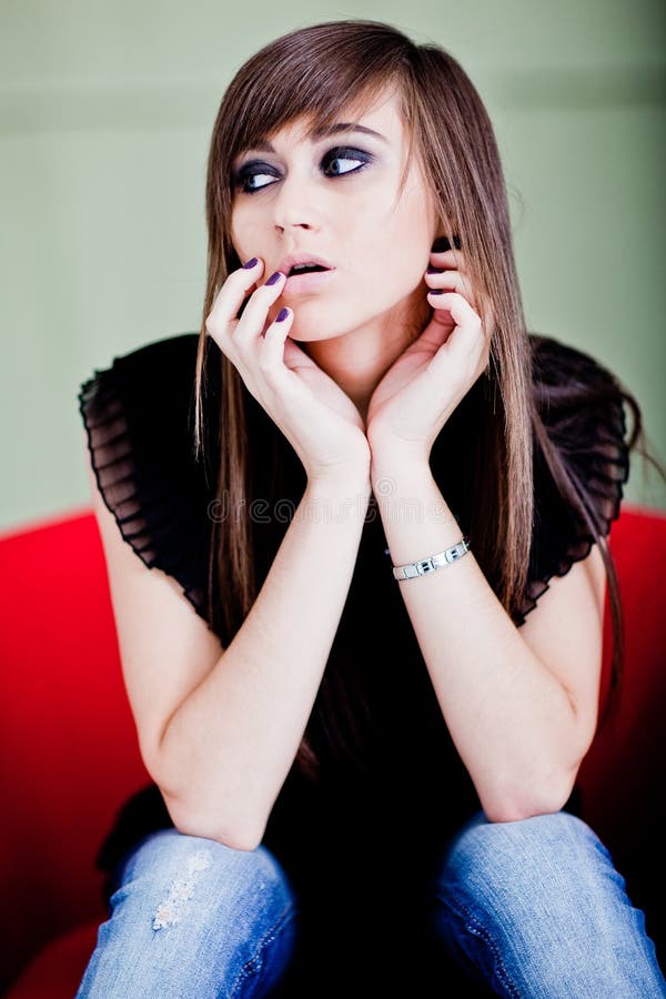 Woman sitting stock photo. Image of beautiful, indoors - 21415496