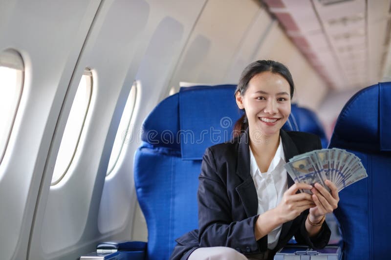 A Woman Sitting on an Airplane with a Smile on Her Face Stock Image ...