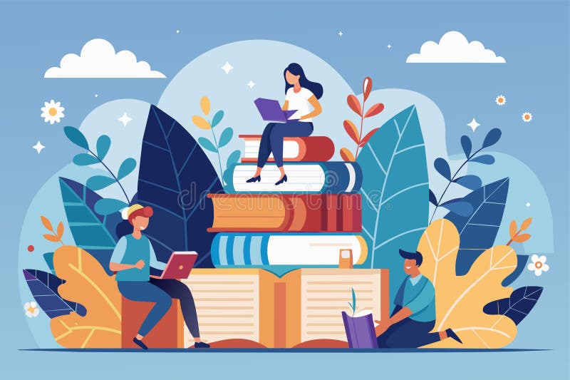 A Woman Sitting Atop a Stack of Books, Tiny People Reading Books ...