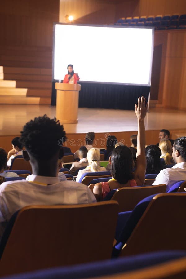 Audience Raising Hands Up for Asking Question To Presenter Stock Photo ...