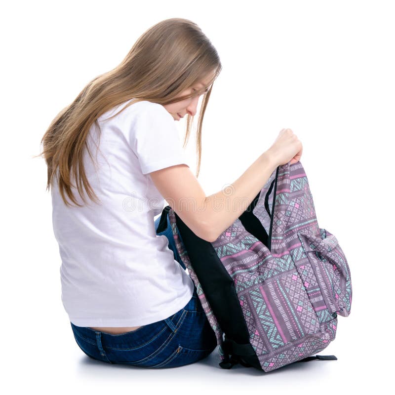 Woman Sitting with Backpack Stock Image - Image of cheerful, portrait ...