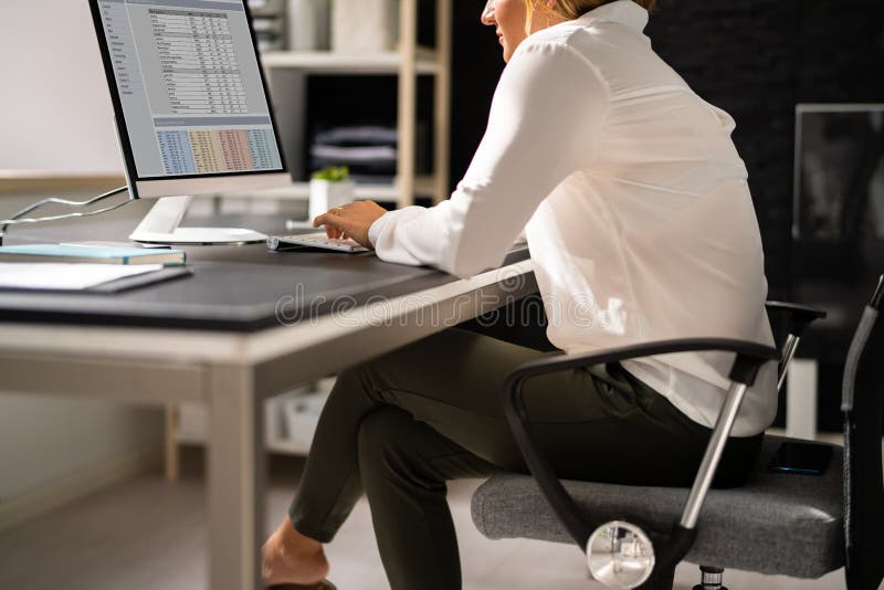 Woman Sitting in Bad Posture Working on Computer Stock Image - Image of ...