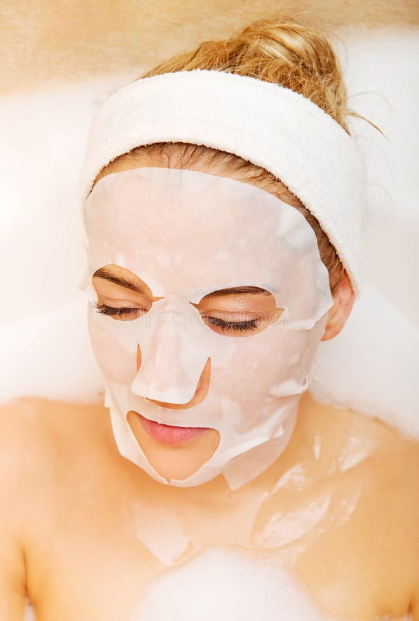 Woman Sitting in Bath with Face Mask Stock Image - Image of health ...