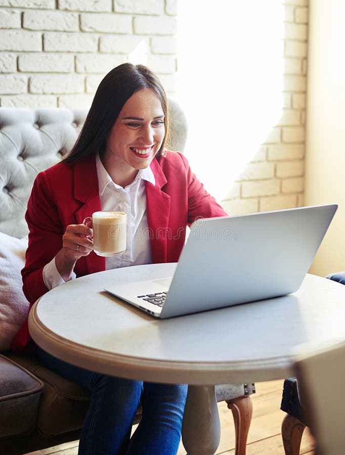Woman Sitting in Cafe, Drinking Coffee Stock Image - Image of woman ...