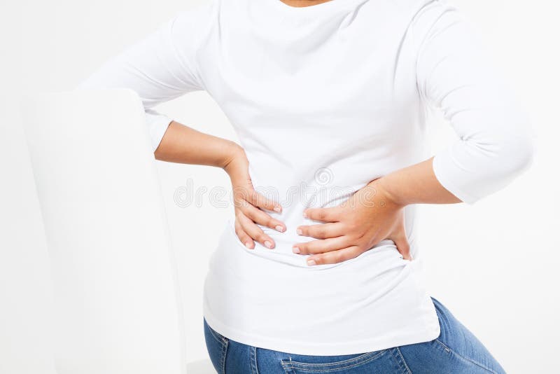 Woman Sitting on Chair while Touching Her Back Isolated on White Stock ...