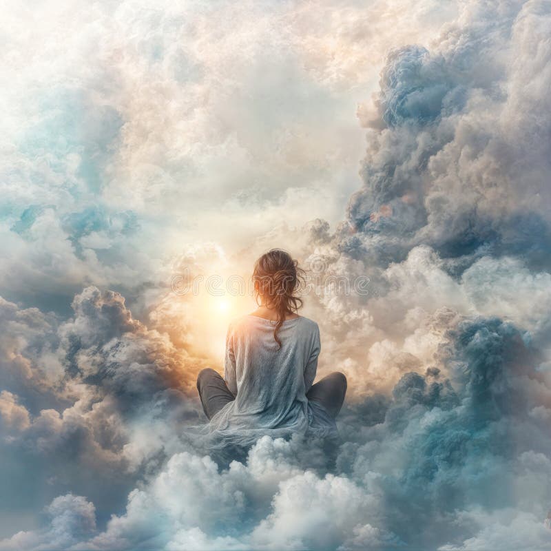 A Woman Sitting among the Clouds Stock Illustration - Illustration of ...