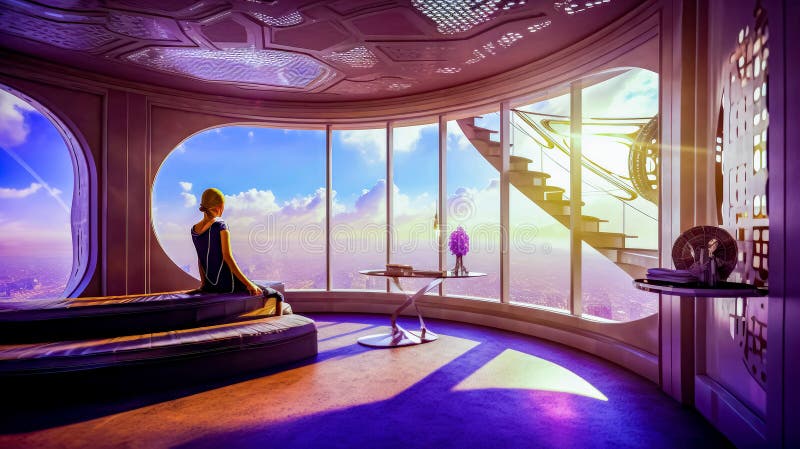 Woman Sitting on Couch in Front of Window Looking Out at the City ...