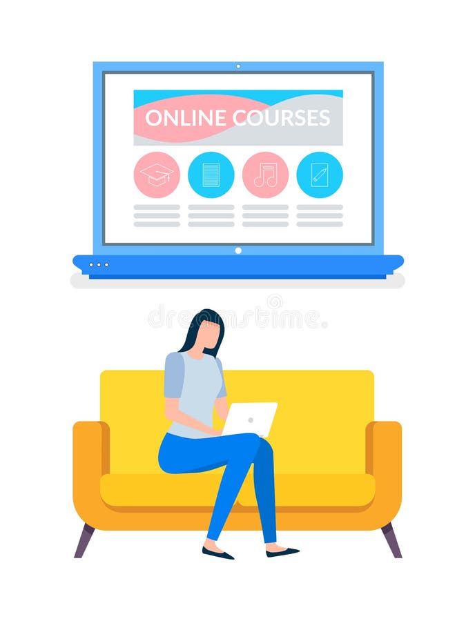 Woman Sitting on Couch and Studying Online Stock Vector - Illustration ...
