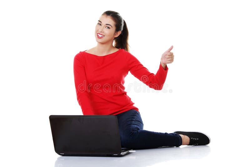 Woman Sitting Cross Legged Laptop Pointing Up Stock Photos - Free ...