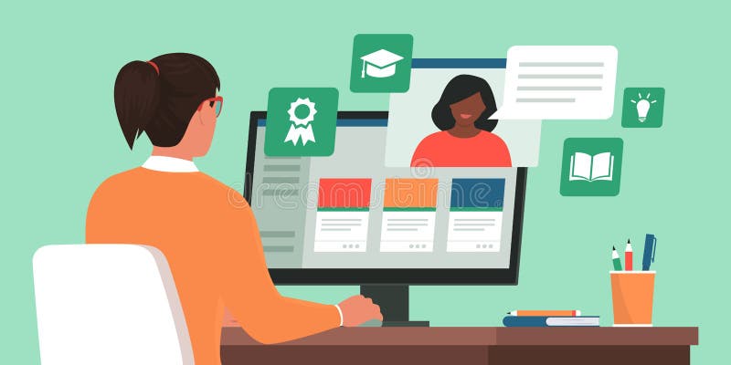Woman Taking Online Classes on Her Computer Stock Vector - Illustration ...